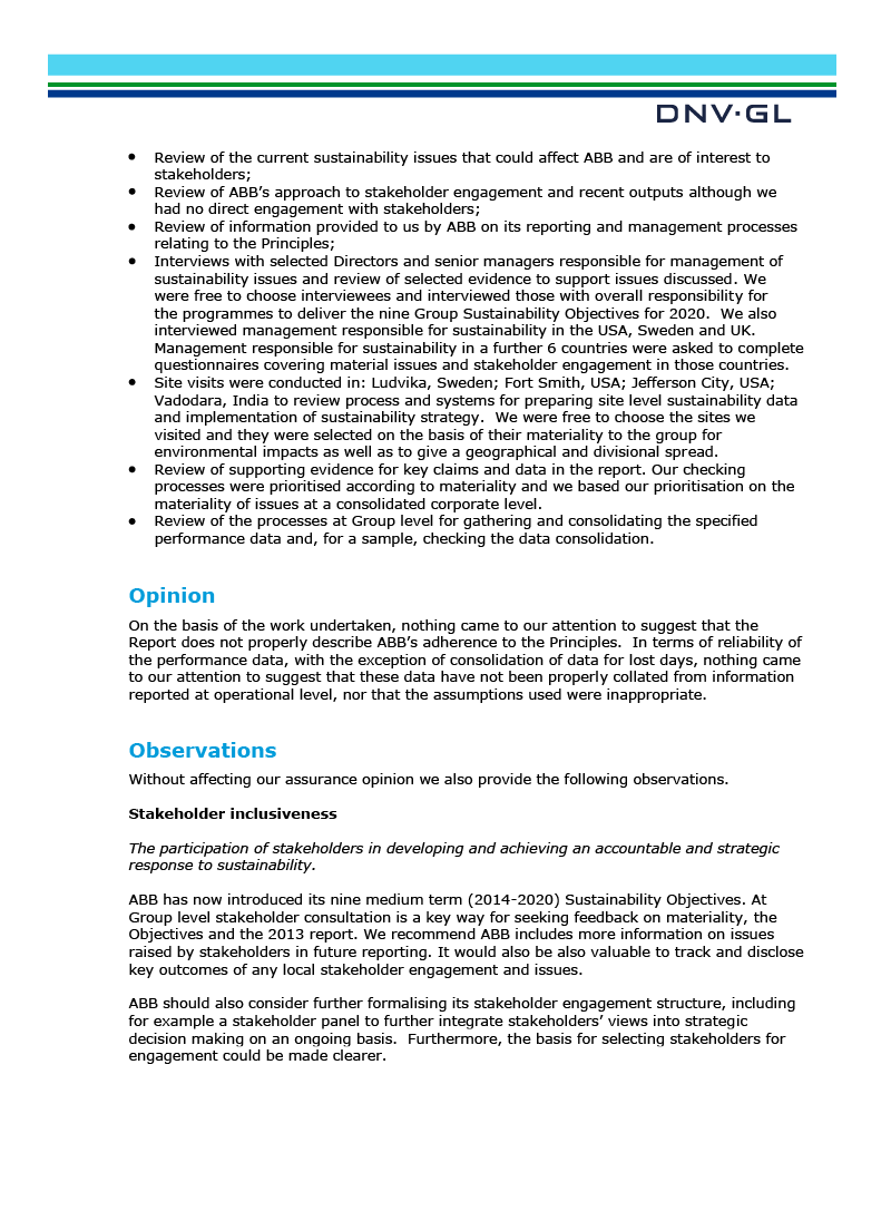 DNV GL Assurance Statement ABB Sustainability Performance Report 2014